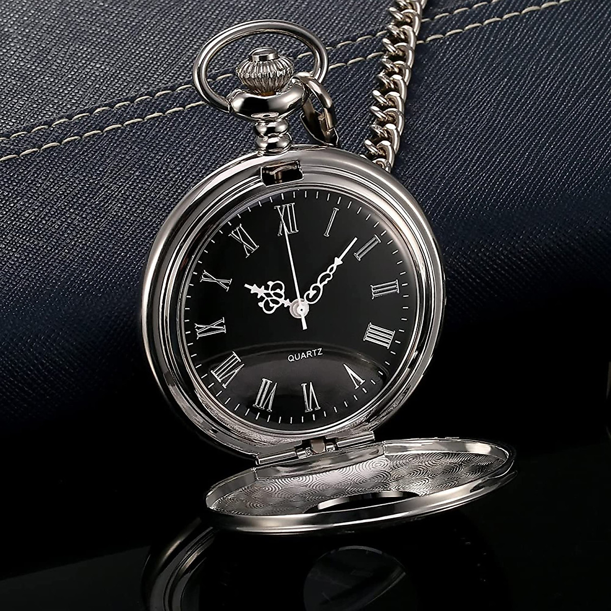 Hicarer Classic Quartz Pocket Watch with Roman Numerals Scale and Chain Belt (Silver)