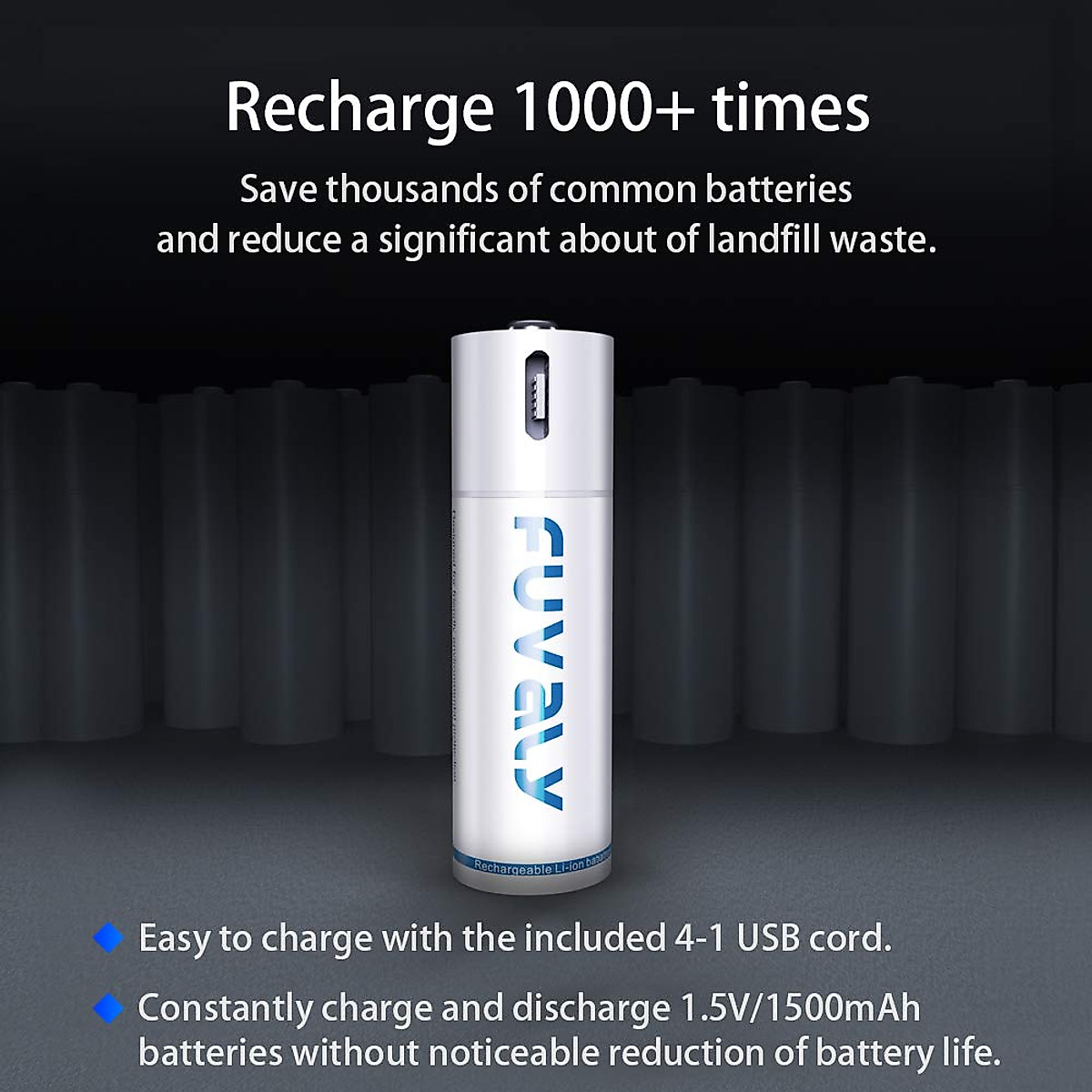 FUVALY USB Rechargeable AA Batteries 1500mAh High Capacity 1.5V Fast Charging Lithium Rechargeable Batteries with 4 in 1 USB Charging Cable can be Charged Either by 5V Charger or USB (4 Pack)