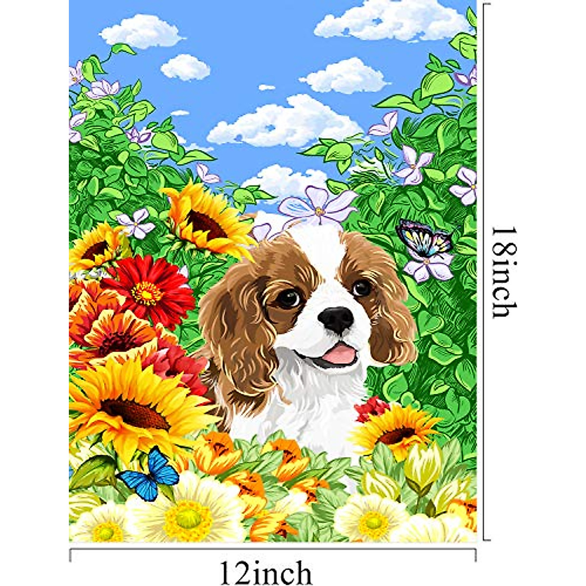 Cavalier King Charles Spaniel Garden Flag Cute Dog with Beautiful Sunflower Yard Flag Spring Summer Floral Print Decorative Small Garden Flags Double Sided 12 x 18 Inch Outdoor Banner