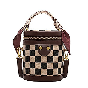 Fashion Cute Top Handle Flap Crossbody Bag for Women Classic Retro Plaid Bucket Cylinder Bag Shoulder Bag Purse (Brown)