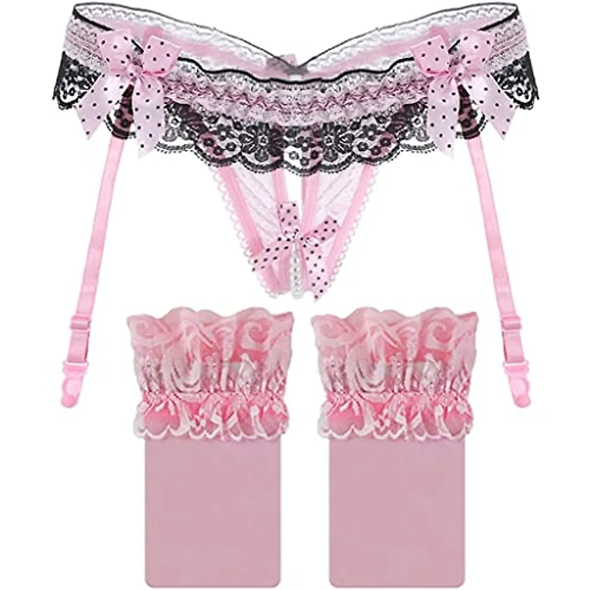 Sexy Floral Lace Garter Belt with Stockings Set Low Waist Hosiery Thong Open Design Underwear 3 Pieces Women Lingerie Set (Pink)