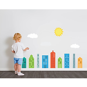 Wallency City Wall Decal - Fabric Wall Decal - Colorful Skyscraper Buildings, Clouds and Sun Wall Stickers for Kids Room, Nordic Nursery - Peel and Stick, Removable Wall Stickers (Small)