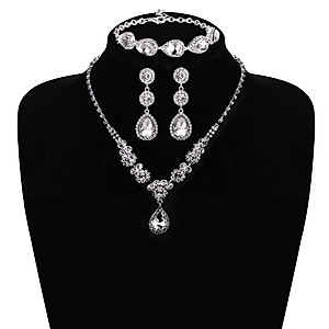 Jstyle Rhinestone Bridal Jewelry Set Necklace Bracelet Clip On Earrings for Brides Bridesmaid Cluster Crystal Teardrop Pendants Jewelry Set for Wedding Prom（S