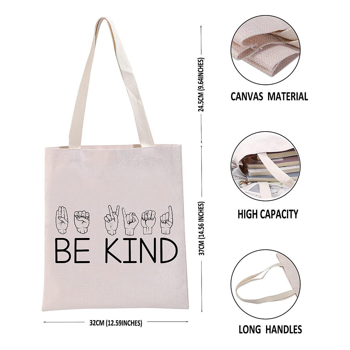 G2TUP ASL American Sign Language Gift ASL Be Kind Sign Reusable Canvas Tote Bag ASL Teacher Thank You Gift Shopping Handbag (ASL Be Kind Handbag)