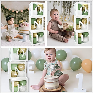 ONE Boxes for 1st Birthday Boy Decorations,30PCS Green Gold White Balloons and ONE Letters for First Birthday Decorations One Blocks for Boy Girl Baby Shower,Photo Shoot Prop,Table Centerpiece