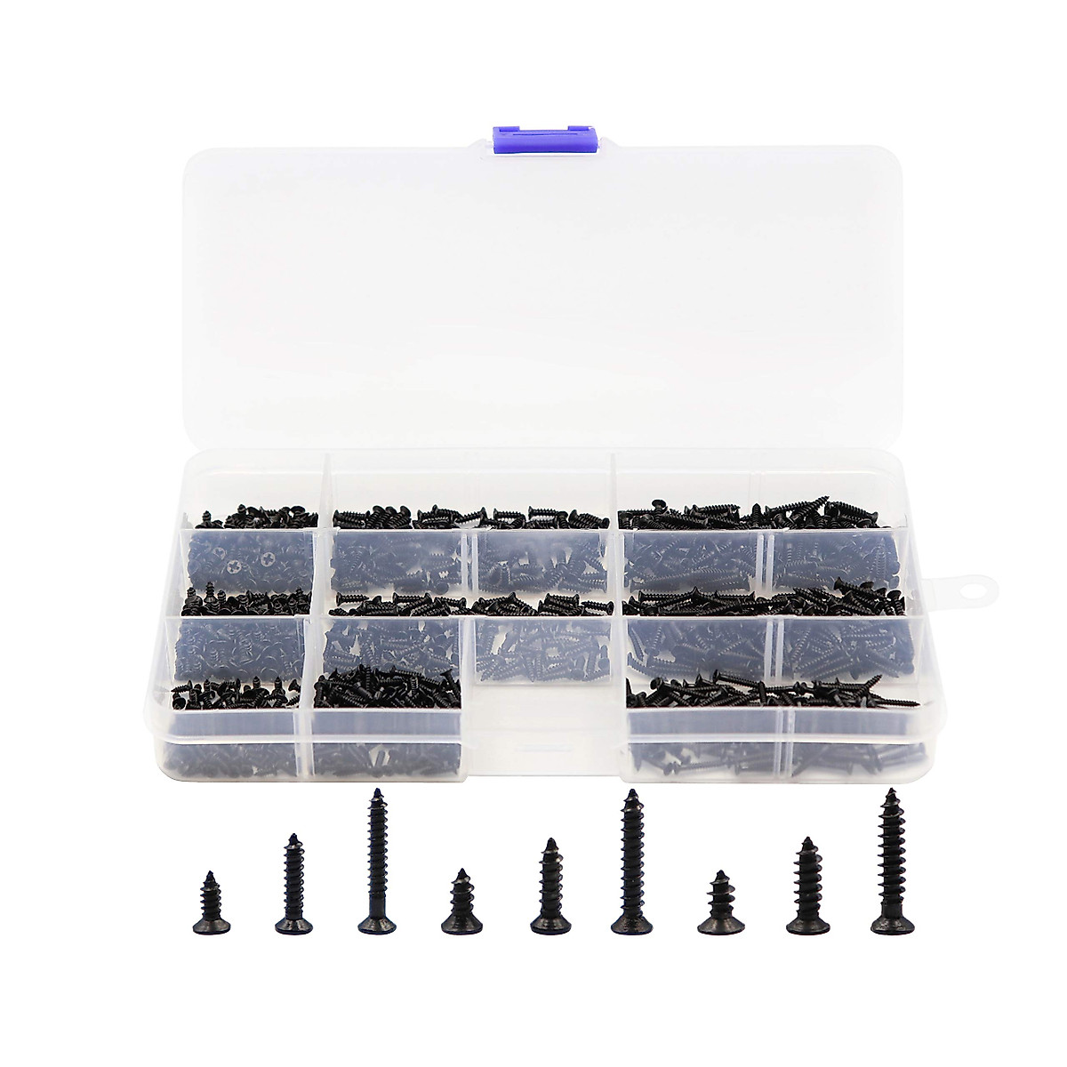 LBY 900pcs M1.7 M2 M2.3 x 5mm / 8mm/ 12mm Flat Head Self-Tapping Sheetmetal Screw Assortment Kit Mini Wood Screws 9 Sizes Combination Carbon Steel Black