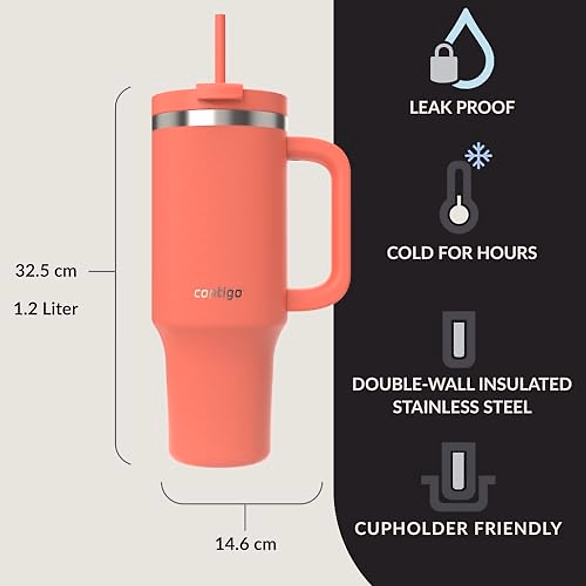 Contigo Streeterville Tumbler 1200ml with Handle | Stainless Steel Vacuum Insulated Water Bottle with Straw and Lid | Cold for 29 Hours | Travel Mug | Thermal Flask | BPA Free