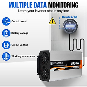 ECO-WORTHY 3000W Pure Sine Wave Solar Power Inverter 24V DC to 120V AC Converter with Remote Control,1*AC Outlet,1*Hardwire Terminals and 1 * 150A Fuse,Remote Controller for Home RV Truck Off-Grid…