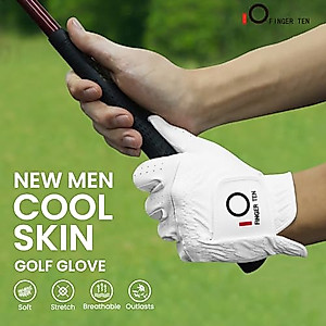 FINGER TEN Golf Gloves Men Left Right Hand Rain Grip Value 3 Pack, All Weather Durable Grip Size Small Medium Large XL White Black Blue Red Brown (White, X-Large, Left)