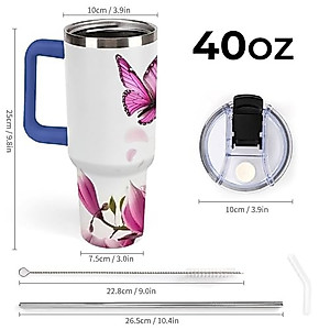 Magnolia Plant Flora Butterfly 40 Oz Stainless Steel Cup Travel Tumbler with Handle and Straw Lightweight Coffee Mug for Home Office