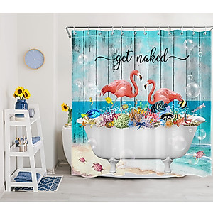 LB Pink Flamingo Shower Curtain Tropical Fish Coral in Bathtub on Beach Shower Curtain Set Blue Ocean Get Naked Shower Curtains for Bathroom Waterproof Washable Fabric with Hooks,72x72 inch