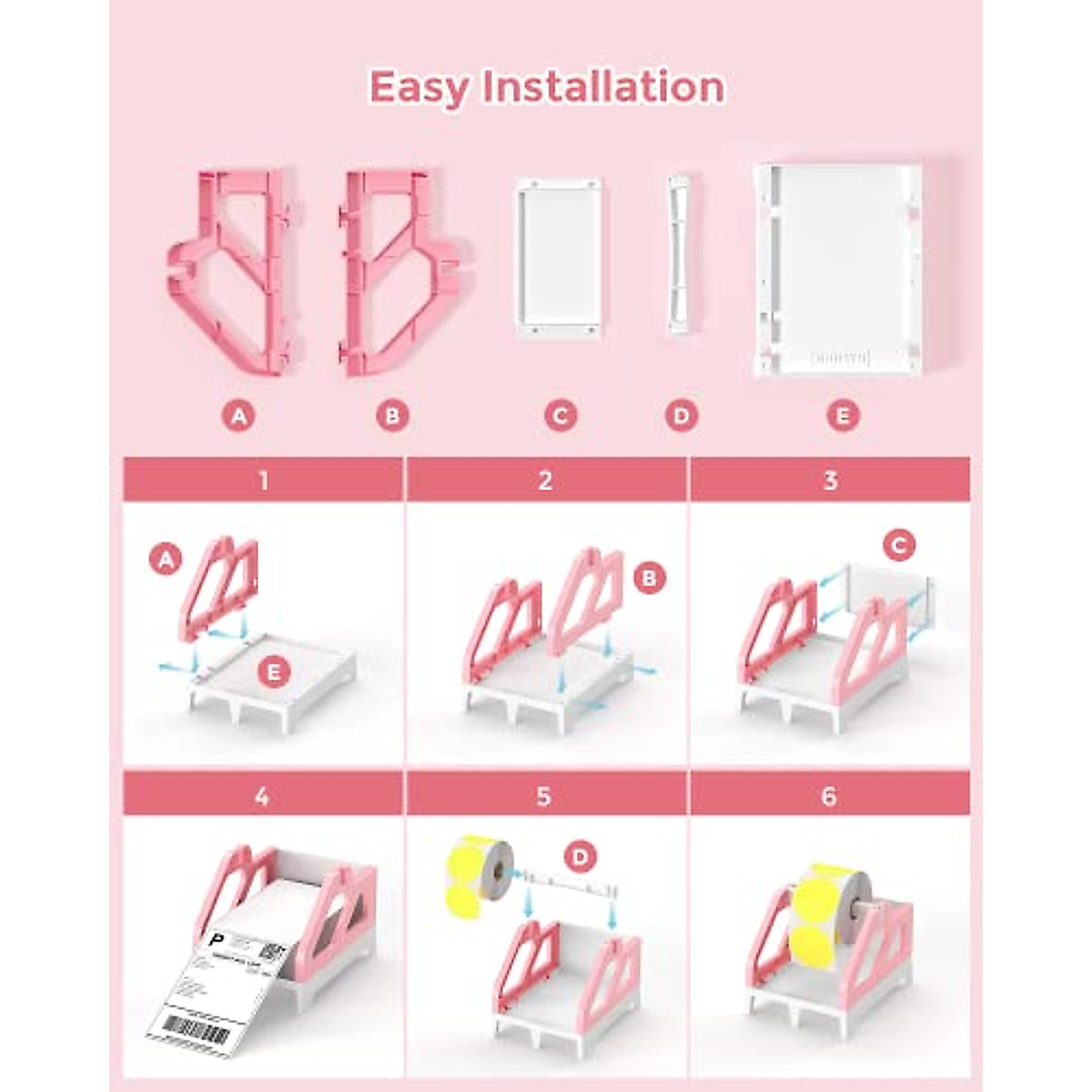 MUNBYN Pink Label Holder for Rolls and Fan-Fold Labels, Shipping Label Roll Holder for Desktop Label Printer Shipping Supplies Industrial Labels…