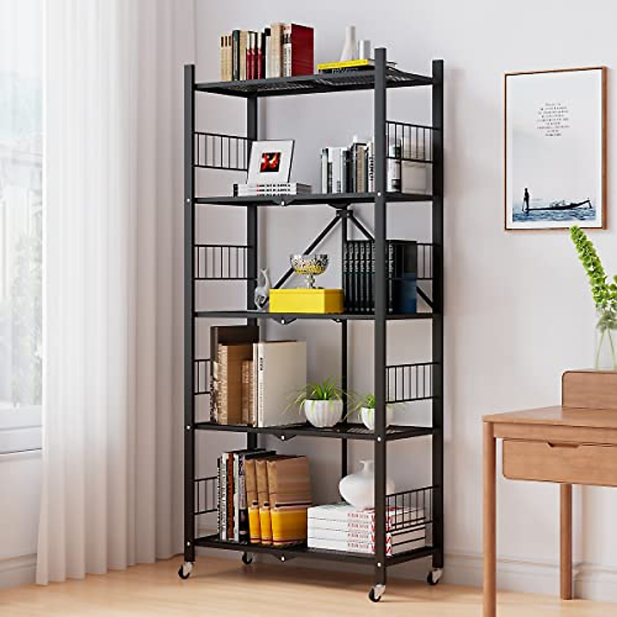 MOLYHOM Folding Storage Shelves, 5-Tier Metal Collapsible Shelves with Wheels, Shelving Units and Storage Rack, Rolling Shelf No Assembly…