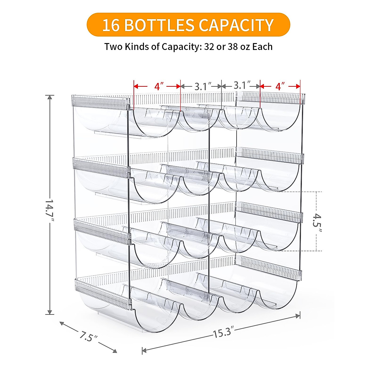 Water Bottle Organizer (Upgraded Widen), 4 Pack Stackable Plastic Water Bottle Cup Holder, Wine/Drink/Water Bottle Storage Stand for Kitchen Countertop, Cabinet, Freezer, Pantry, Hold 16 Containers