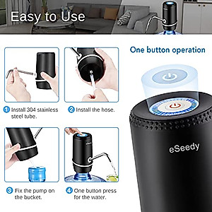 Water Pump for 5 Gallon Bottle, USB Charging Automatic Water Dispenser with Rechargeable Battery, Portable Electric Drinking Water Jug Pump for Home, Kitchen, Living Room, Office, Camping - Black