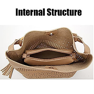 Downupdown 2PC Handbags and Purse for Women Hollow Out Leather Top Handle Handbag Tassel Beach Bag Tote Bags Hobo Purses Set-Pink