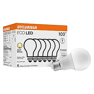 SYLVANIA ECO LED A19 Light Bulb, 100W Equivalent, Efficient 14.5W, 7 Year, 1450 Lumens, Non-Dimmable, Frosted, 2700K, Soft White - 6 Pack (40885)