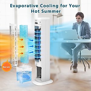 2-In-1 Evaporative Air Cooler - 41” Quiet Cooling Tower Fan Humidifier Portable Swamp Cooler with Bladeless Design, 60° Oscillation, Remote Control, 3 Modes and 3 Wind Speeds, 12H Timer, 4 Ice Boxes