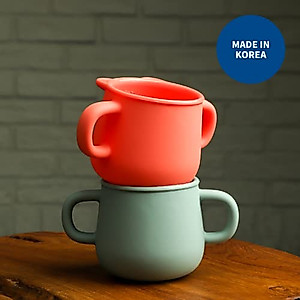 BLUE GINKGO Silicone Toddler Cups - Open Cup for Baby with Handles | Made in Korea | 8oz Training Open Cups for Toddlers 1-3 (Coral)