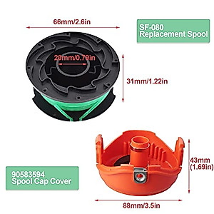 BOOTOP PIN SF-080 Replacement Spool SF-080-BKP for Black and Decker GH3000 LST540 GH3000R String Trimmer Weed Eater SF080 Auto Feed Spool Line 20ft 0.080" with 90583594 Cap Covers Parts