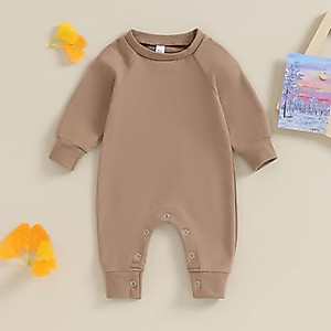 AEEMCEM Newborn Infant Baby Boy Girl Clothes Solid Color Long Sleeve Romper Jumpsuit Playsuit One Piece Bodysuit Fall Outfit (A-Light Brown, 6-12 Months)