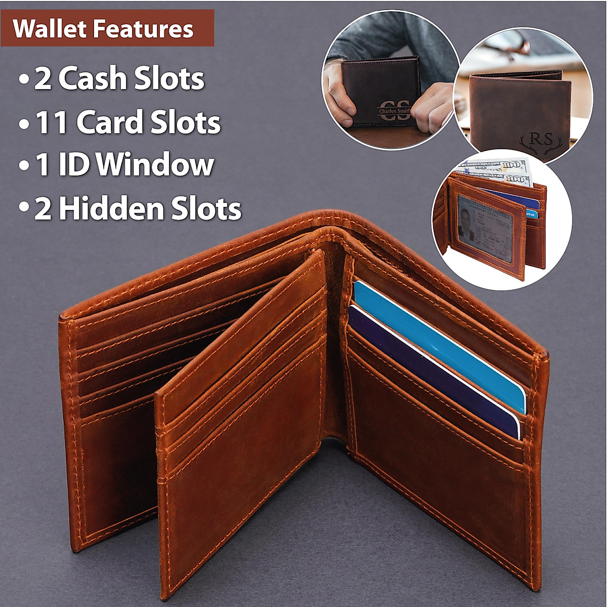 Personalized Leather Wallet for Men, Christmas for Men,Him, Custom Name Wallets, Customazible Gift for Husband, Dad, Boyfriend, Him, Men Gifts for Anniversary, Birthday, Wedding, Fathers Day