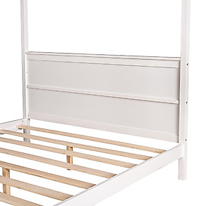 Queen Size Canopy Bed Frame, Solid Wood Queen Platform Bed with Headboard and Slat Support, Modern 4 Poster Panel Bed for Kids, Teens, Adults. No Box Spring Needed (Queen, White)