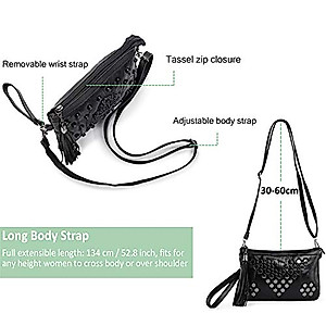 LaRechor Small Crossbody Purse for Women Rivets Clutch Handbag with Tassel Zip & Wrist Strap Bag