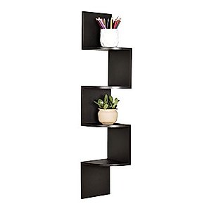 WELLAND Zig Zag 4 Tiers Black Finished Floating Shelf,Wall Mounted Corner Wall Shelf for Bed Room,Living Room,Kitchen and So on
