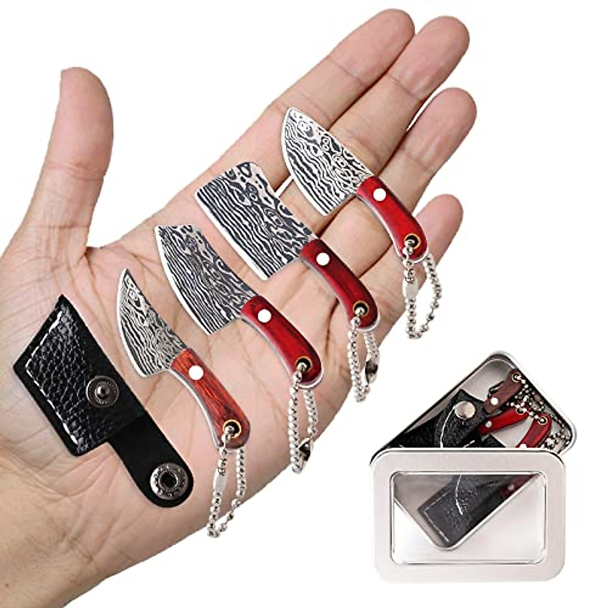 MOVNO Mini Pocket Knife Set Damascus Mini Utility Knife, Tiny Chef Knife with Sheath Cleaver for Package Opener Box Cutter, Camping Outdoor-4pcs-A