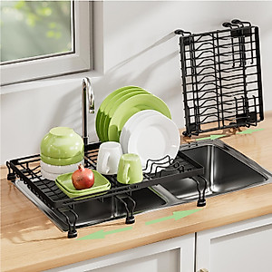Extra Large Black Expandable Roll Up Dish Drying Rack,Over The Sink Kitchen Rolling up Dish Drainer in Sink, for Kitchen Sink Counter，Foldable Sink Cover with Removable Utensil Holder(13.6"-25.1")