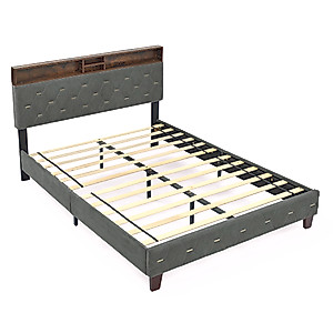 AnwickNomo Queen Size Wood Bed Frame with Fabric Upholstered Headboard and Solid Wood Slats,Wood Platform Bed with Outlet & USB Ports,No Box Spring Needed/Easy Assembly (Grey, Queen)