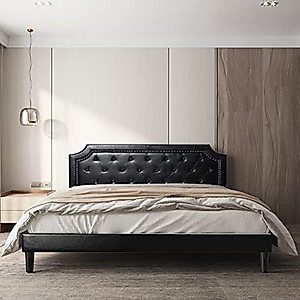 BONSOIR Bed Frame Upholstered Low Profile Platform Bed with Tufted Faux Leather Headboard/No Box Spring Needed/No Bed Skirt Needed (Black, Queen Size)