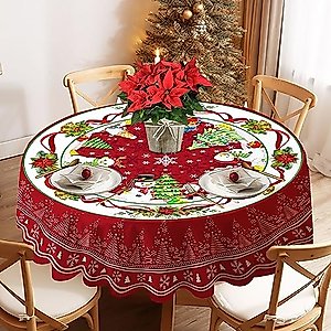 Round Christmas Tablecloth, Christmas Poinsettia Table Cloth Round 70 Inch, Christmas Tree Snowman Table Cloths with Gnomes Santa Claus Circle Table Cover Holiday Decor Gifts for Dining Room Indoor