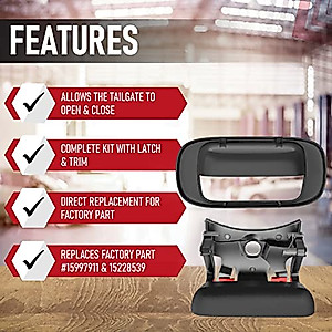 Replacement Tailgate Handle Latch and Bezel Trim with Clips - Replaces 15997911, 15228541, 15228539, 15228540 - Compatible with Chevrolet Silverado and GMC Sierra 1500, 1500HD, 2500HD, 2500, 3500