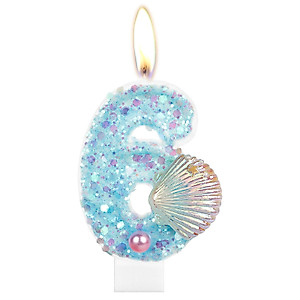 Blue Birthday Number 6 Candle, Girls Glitter Shell Sequins Birthday Candles for Cake Decorations, Mermaid Theme Party Birthday Wedding Anniversary Celebration Supplies