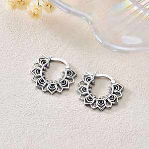Lotus Hoop Earrings 925 Sterling Silver Double-sided Petal Snap Hook Closure Balinese Tribal Boho Earrings For Women