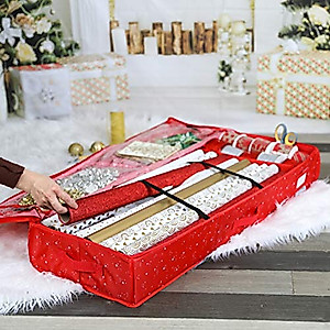 CLOZZERS Wrapping Paper Storage Container, with 2 Large Pockets for Accessories and Supplies, Heavy Duty Wrapping Paper Holder, Tear Resistant and Water Resistant, Fits up to 24 Standard Rolls, Red Stars Print