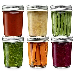 Paksh Novelty Glass Regular Mouth Mason Jars, 8 Oz Jars with Silver Metal Airtight Lids for Meal Prep, Dry Food Storage, Canning, Drinking, for Overnight Oats, Jelly, Spices, Salads, Yogurt (6 Pack)