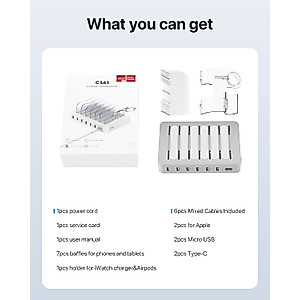 SooPii Premium 6-Port USB Charging Station Organizer for Multiple Devices, 6 Short Charging Cables and One Upgraded i-Watch Charger Holder Included, for Phones,Tablets and Other Electronics, Silver