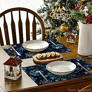 Artoid Mode Blue Snowflakes Hexagon Winter Placemats Set of 6, 12x18 Inch Seasonal Christmas Table Mats for Party Kitchen Dining Decor