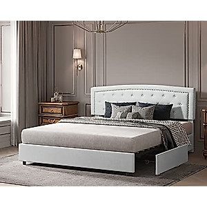 BONSOIR Queen Size Storage Bed Frame Upholstered Low Profile Traditional Platform with Tufted and Nail Headboard
