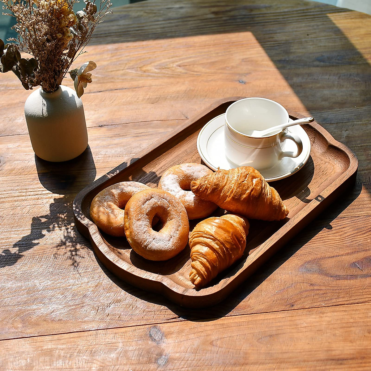 Rustic Wood Serving Tray Set of 2 Brown Rectangular Decorative Trays Farmhouse Charcuterie Boards Platter for Food, Fruit, and Coffee Great for Bed, Living, Ottoman, Coffee Table, Kitchen, or Party.