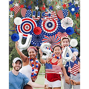 26 Pcs 4th of July Decorations Outdoor, Patriotic Decorations LOVE USA Banner Red White Blue Paper Fans Hanging Swirls Pompoms Independence Day Decor for Veterans Day, Memorial Day, Fourth of July