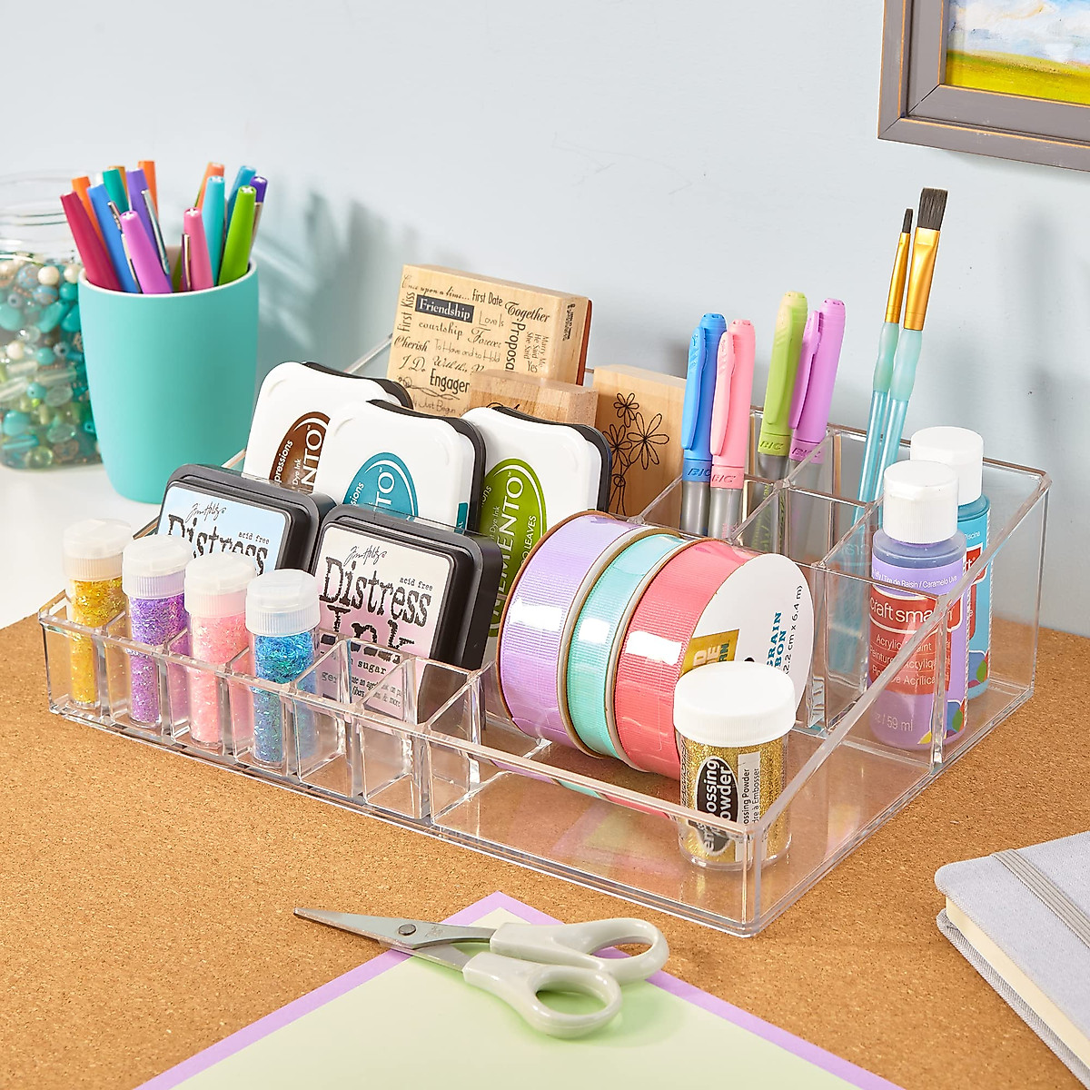 STORi Audrey Clear Vanity Makeup Organizer | 15-Compartment Holder for Brushes, Eyeshadow Palettes, & Beauty Supplies | Stacks on Audrey Storage Drawers | Made in USA