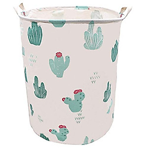 Large Storage Bins 19.7x15.7 Inch, ZUEXT Waterproof Foldable Cotton Canvas Fabric Storage Bin, Collapsible Round Clothes Laundry Hamper w/Leather Handles, Cactus Storage Basket, Toy Books Holder