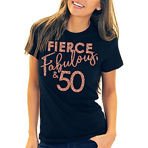 50th Birthday Tshirt for Women - Rose Gold Glam Fierce Fabulous & 50 T-Shirt - Plus Size Birthday Shirt - 2XL - Black Tee(GlmFF50 RG) Blk/2X