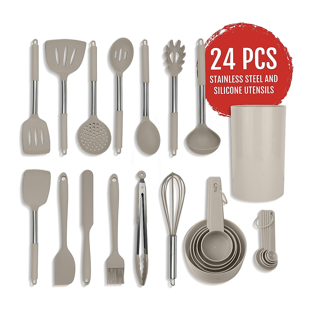Silicone Kitchen Utensils Set - Culinary Couture 24-Pieces Khaki Silicone Cooking Utensils Set for Nonstick Cookware - Silicone Spatulas Set, Stainless Steel Handle & Other Kitchen accessories