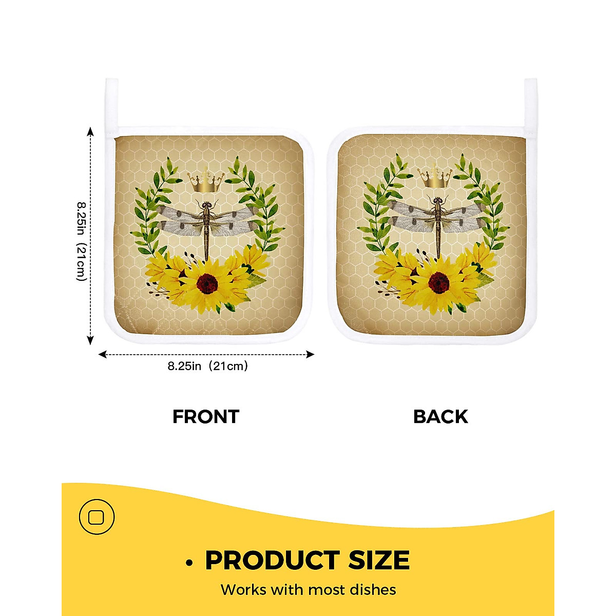 Pot Holder Set of 2 Dragonfly and Crown Sunflower Wreath Potholder Heat Proof Non-Slip Pot Holders,Yellow Honeycomb Hot Pads Potholders for Kitchen Cooking Baking BBQ