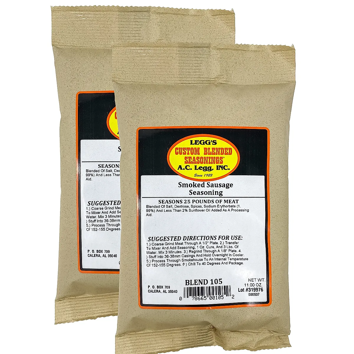 Leggs Custom Blended Seasonings - Smoked Sausage - 2 Pack of 11 Ounce Bags With Cures, 400 Ounces